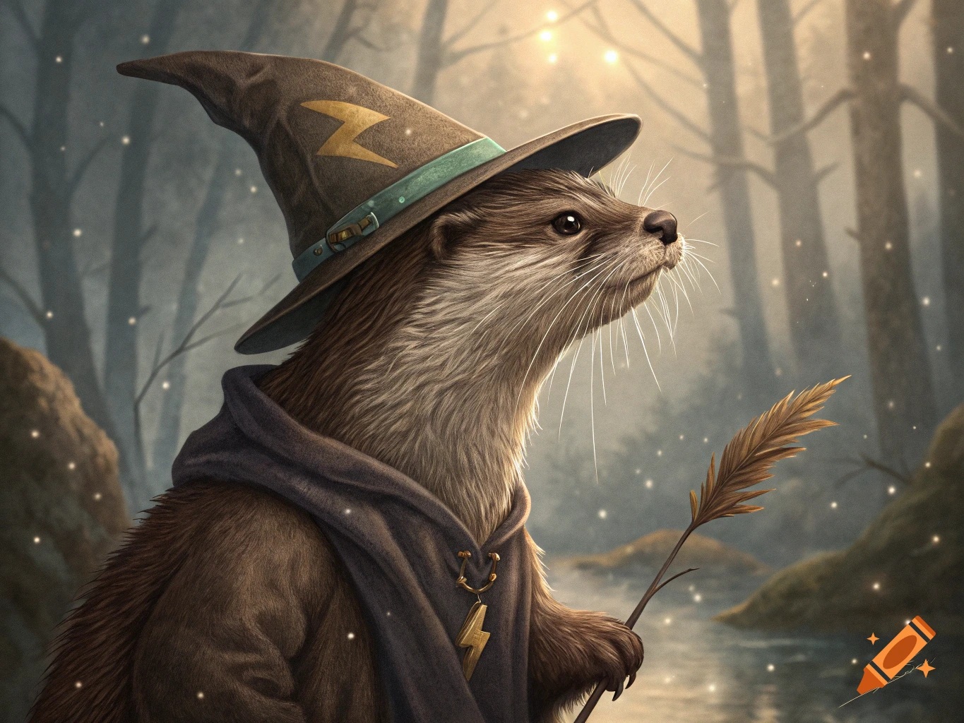 An otter dressed as a wizard holds a feather-wand in a misty forest. on ...