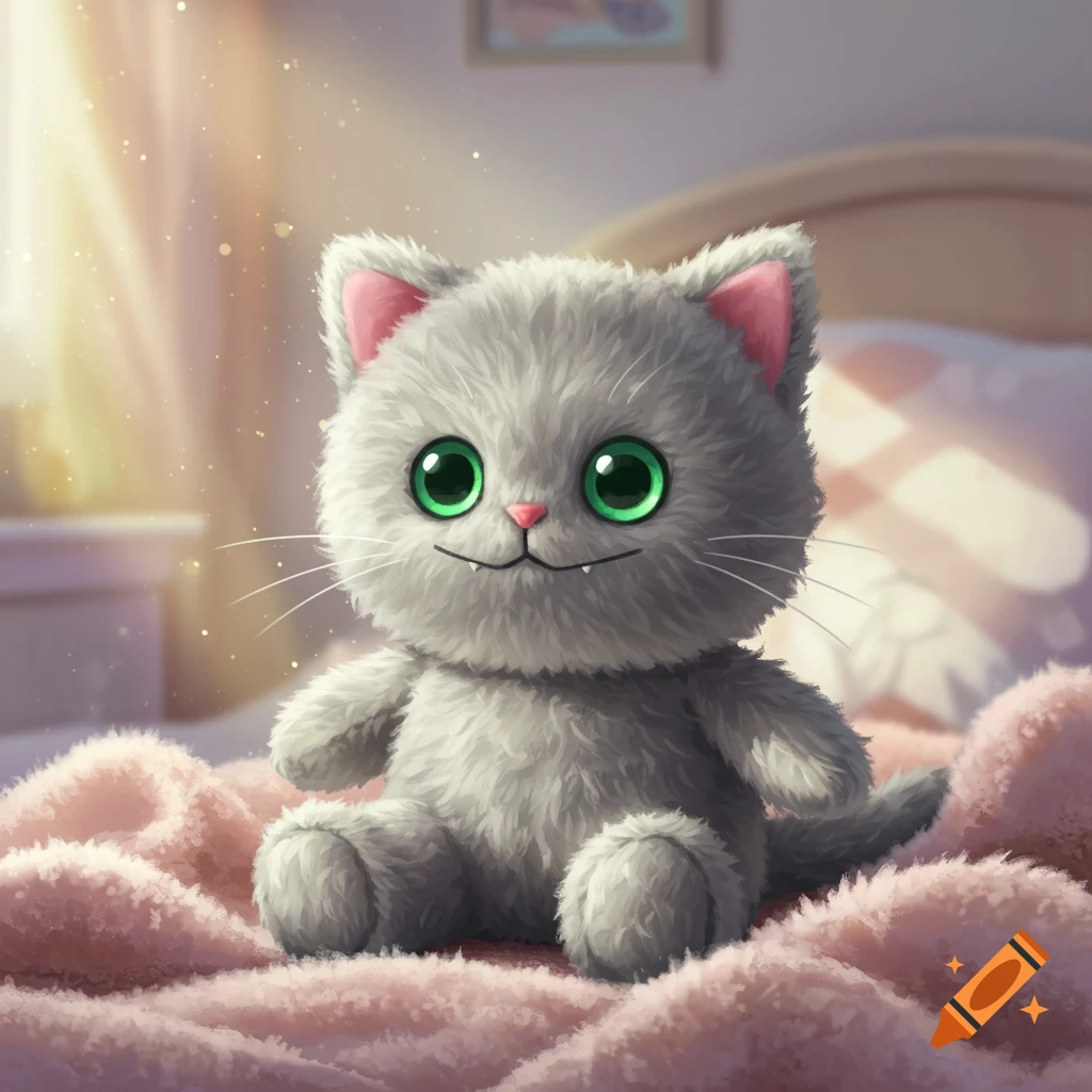 A fluffy grey cat plushie with big green eyes sits on a pink blanket. on Craiyon