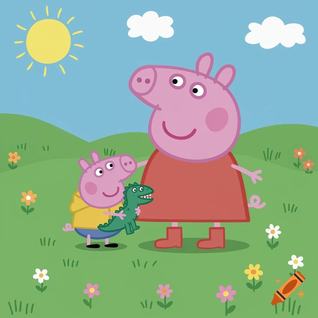 Peppa Pig and George Pig holding a dinosaur toy in a sunny field. on ...