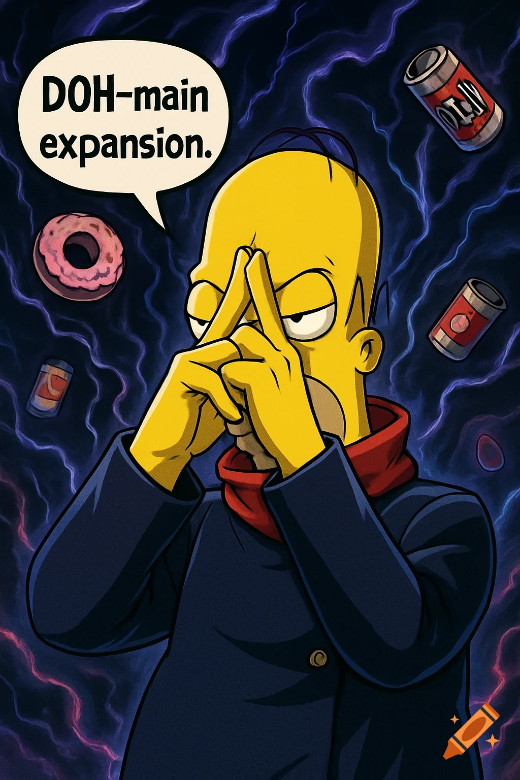 Homer Simpson in anime style, fingers crossed, speech bubble says 'DOH ...