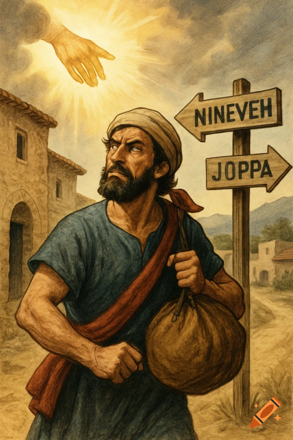 A man with a traveler's bag looks up at a divine hand from a sunburst ...