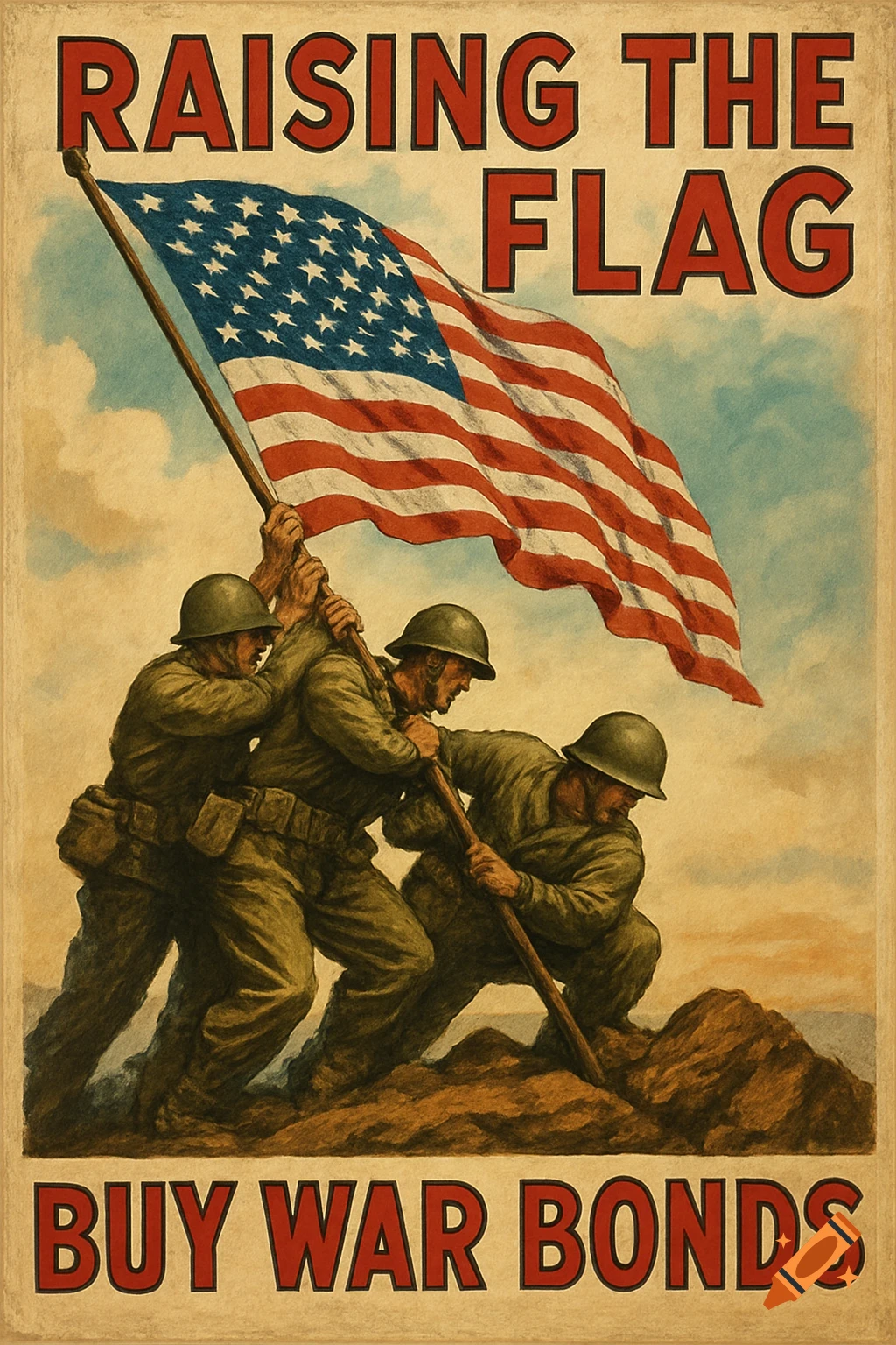 Vintage style propaganda poster of soldiers raising the American flag ...