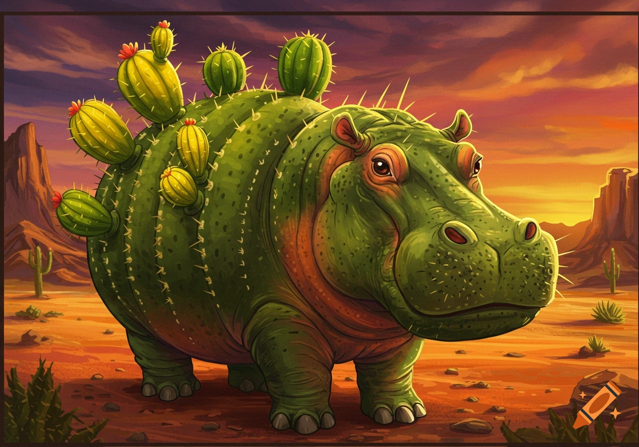 A cartoon hippo with cacti on its back stands in a desert at sunset. on ...