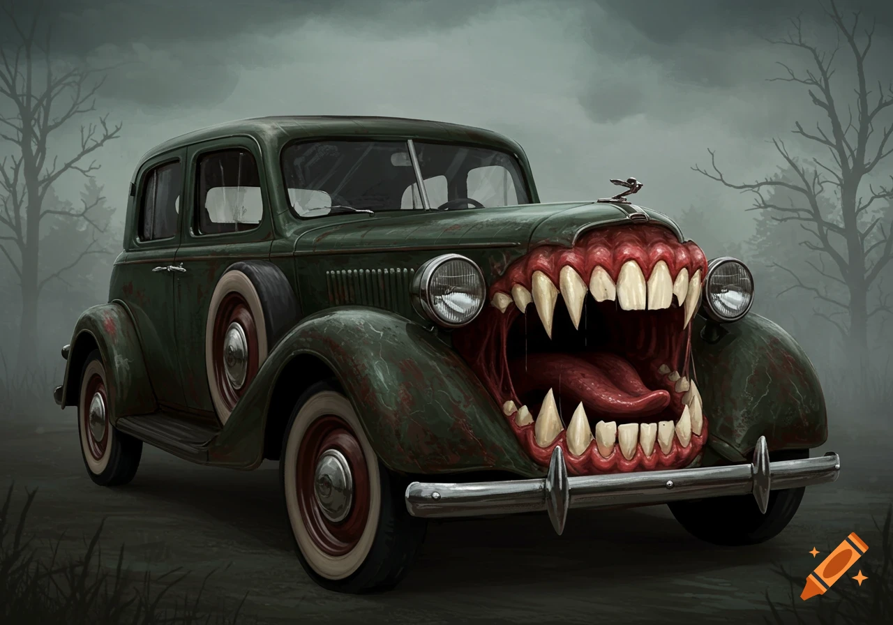 A classic car with a monstrous mouth full of sharp teeth and a tongue ...