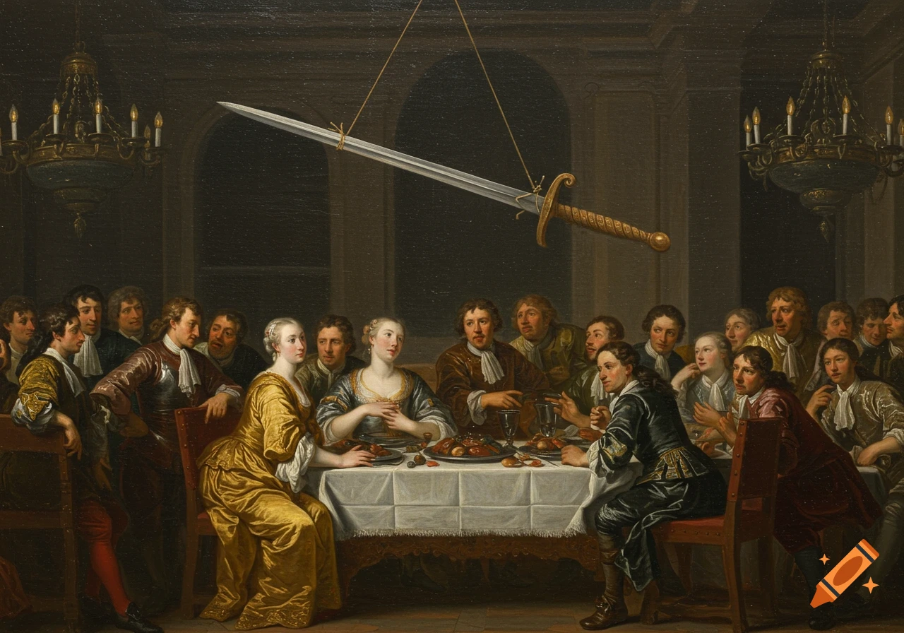 1700s style painting of the Sword of Damocles hanging over a group of ...