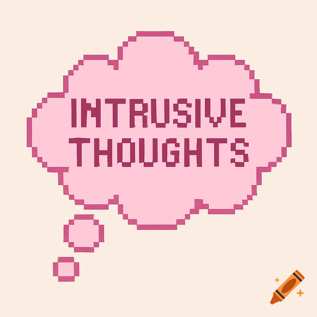 Pink pixel art thought bubble with the text 'INTRUSIVE THOUGHTS' on Craiyon