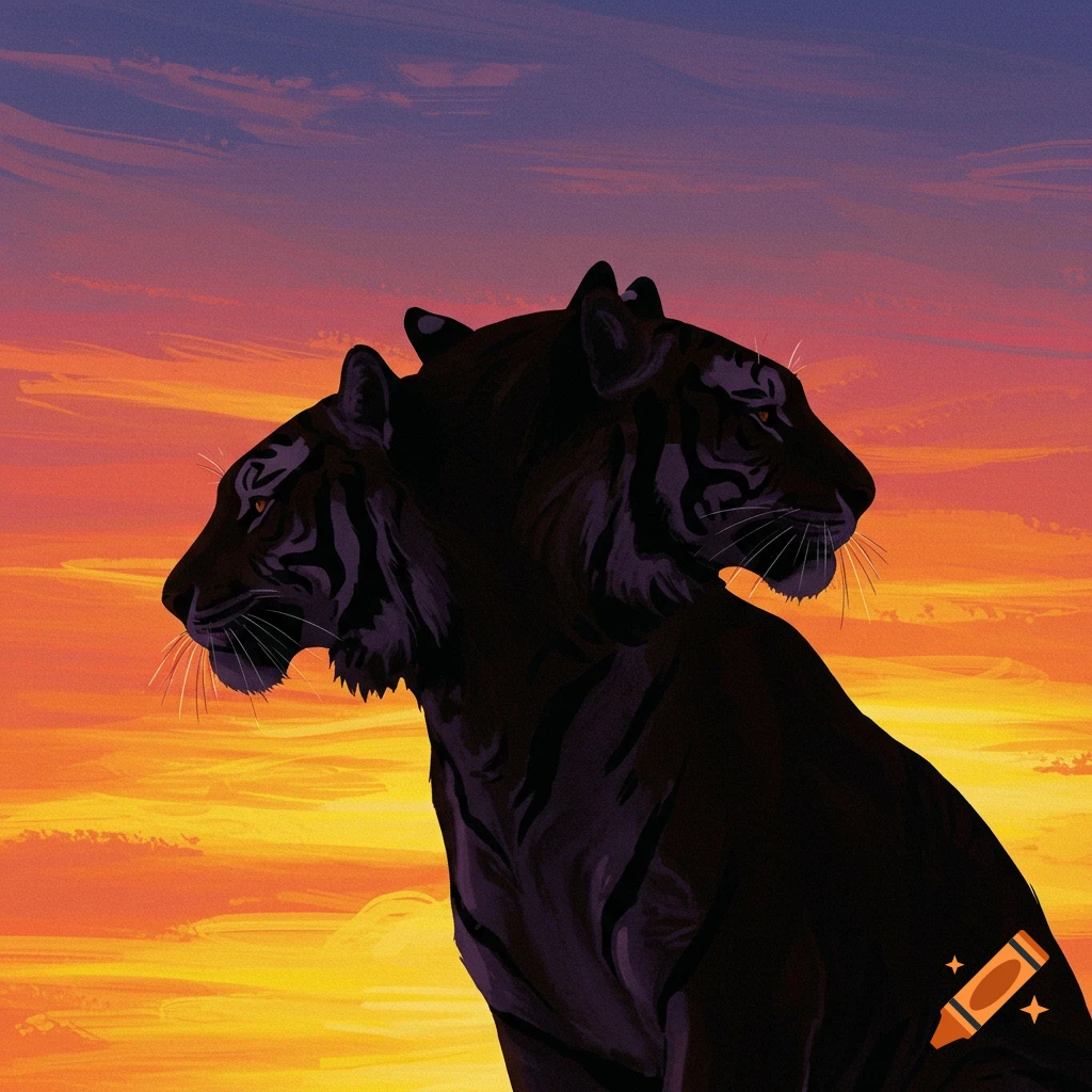 A two-headed tiger silhouette against a sunset sky in an illustration ...