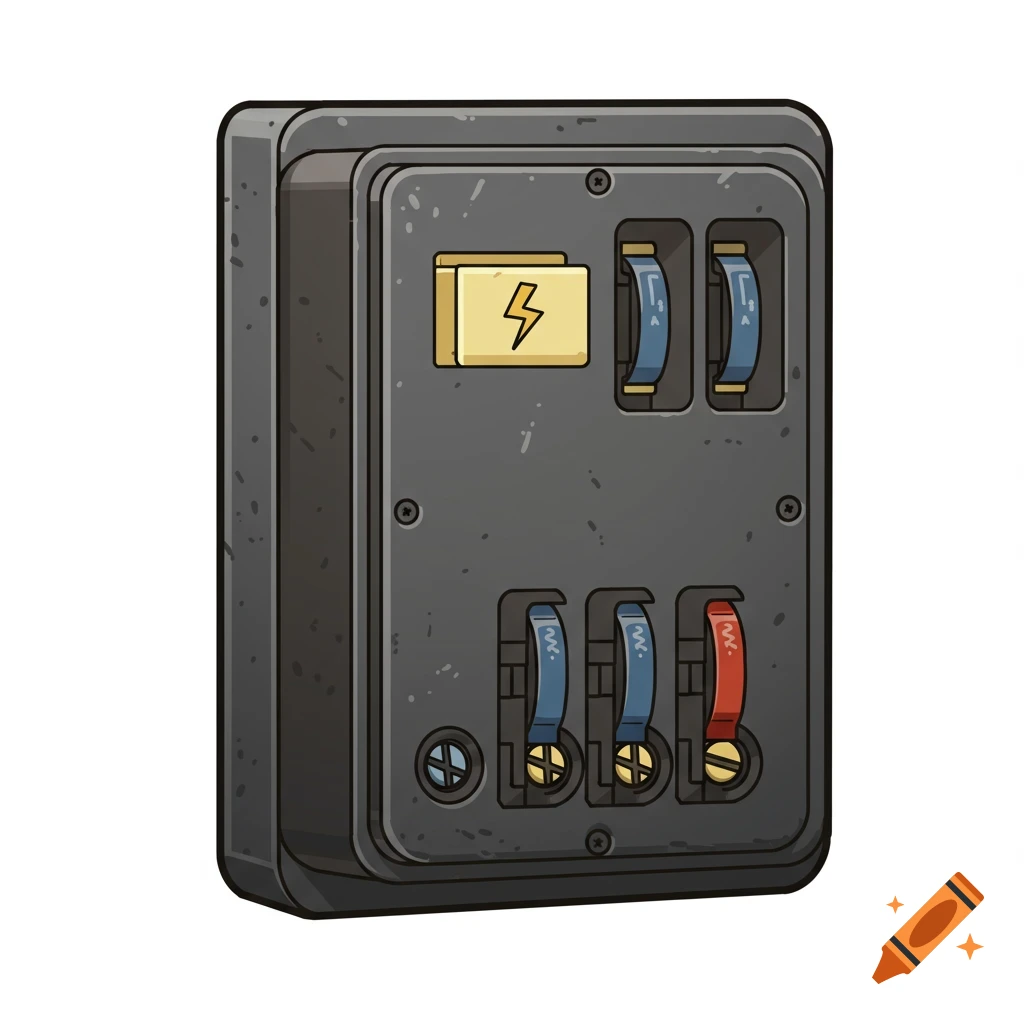 Clipart illustration of a gray fuse box with switches. on Craiyon