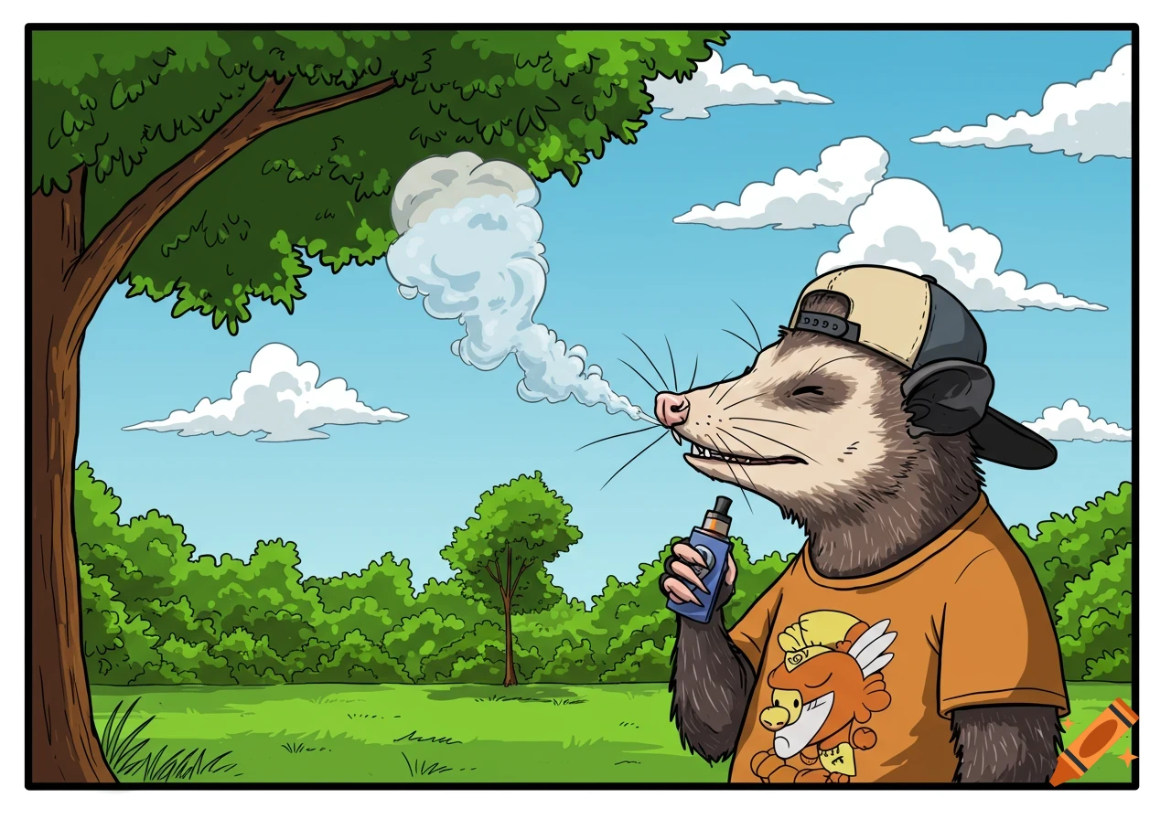 Cartoon possum wearing a hat and shirt vaping in a park scene on Craiyon