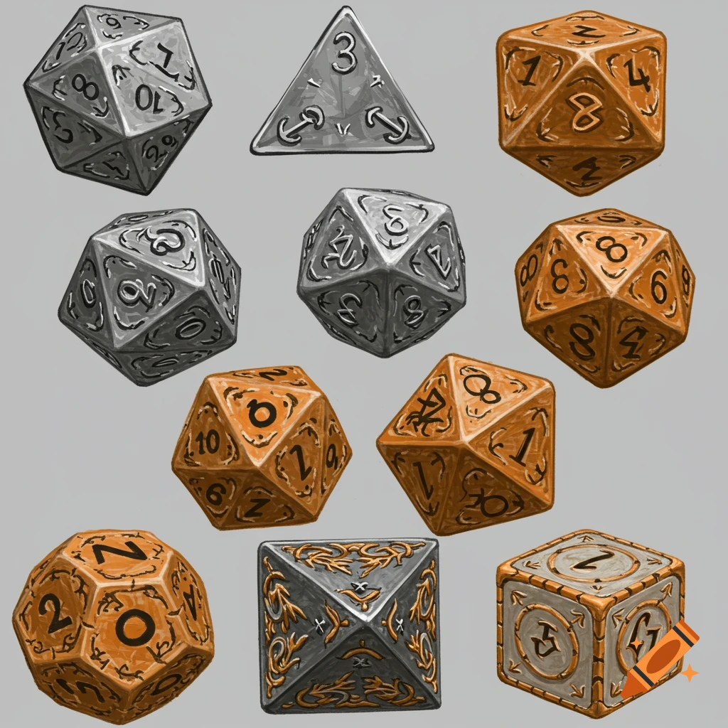 Collection of silver and orange polyhedral dice in various shapes ...