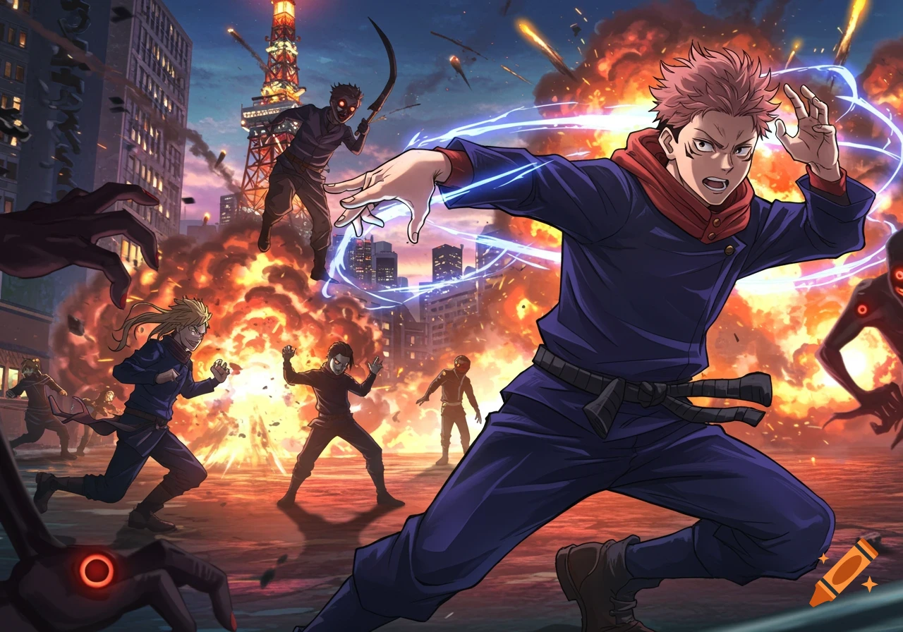 Anime characters fight amidst explosions and destruction in a city with ...