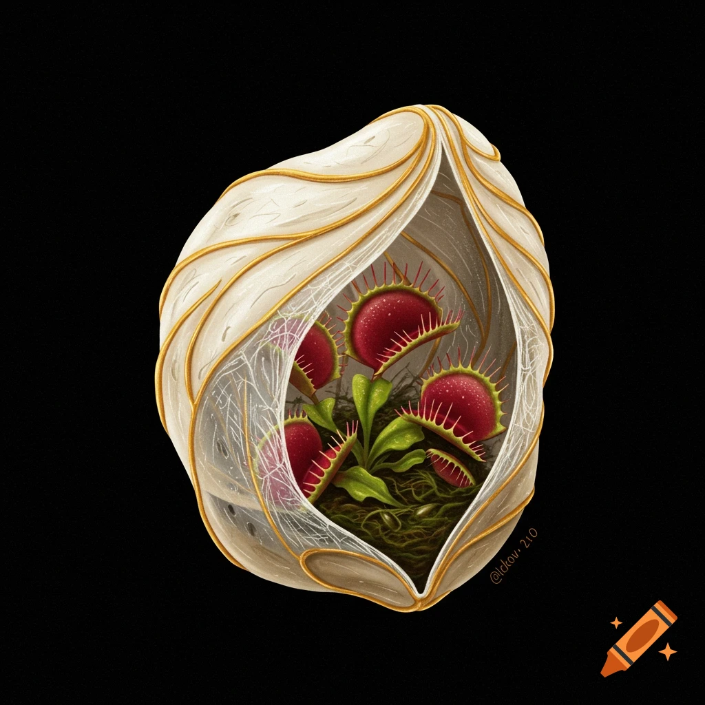 Illustration of Venus Flytrap plants inside a white cocoon on a black background. on Craiyon
