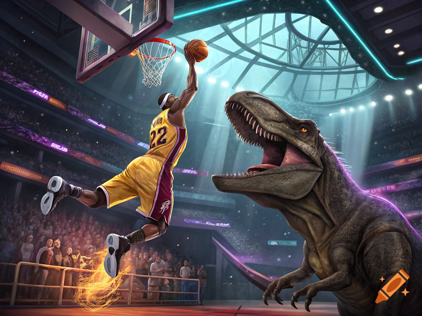 Basketball player dunks over a T-Rex in a packed stadium, digital art ...
