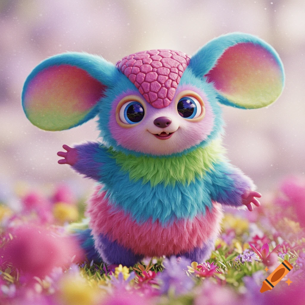 A cute, brightly colored, fuzzy creature with large ears stands in a ...