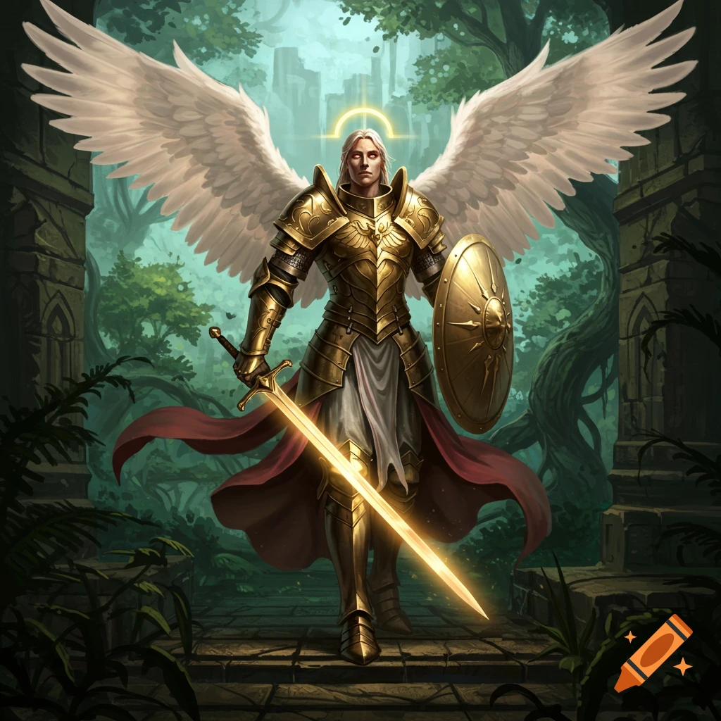 An angel in golden armor holding a glowing sword and shield stands in a ...