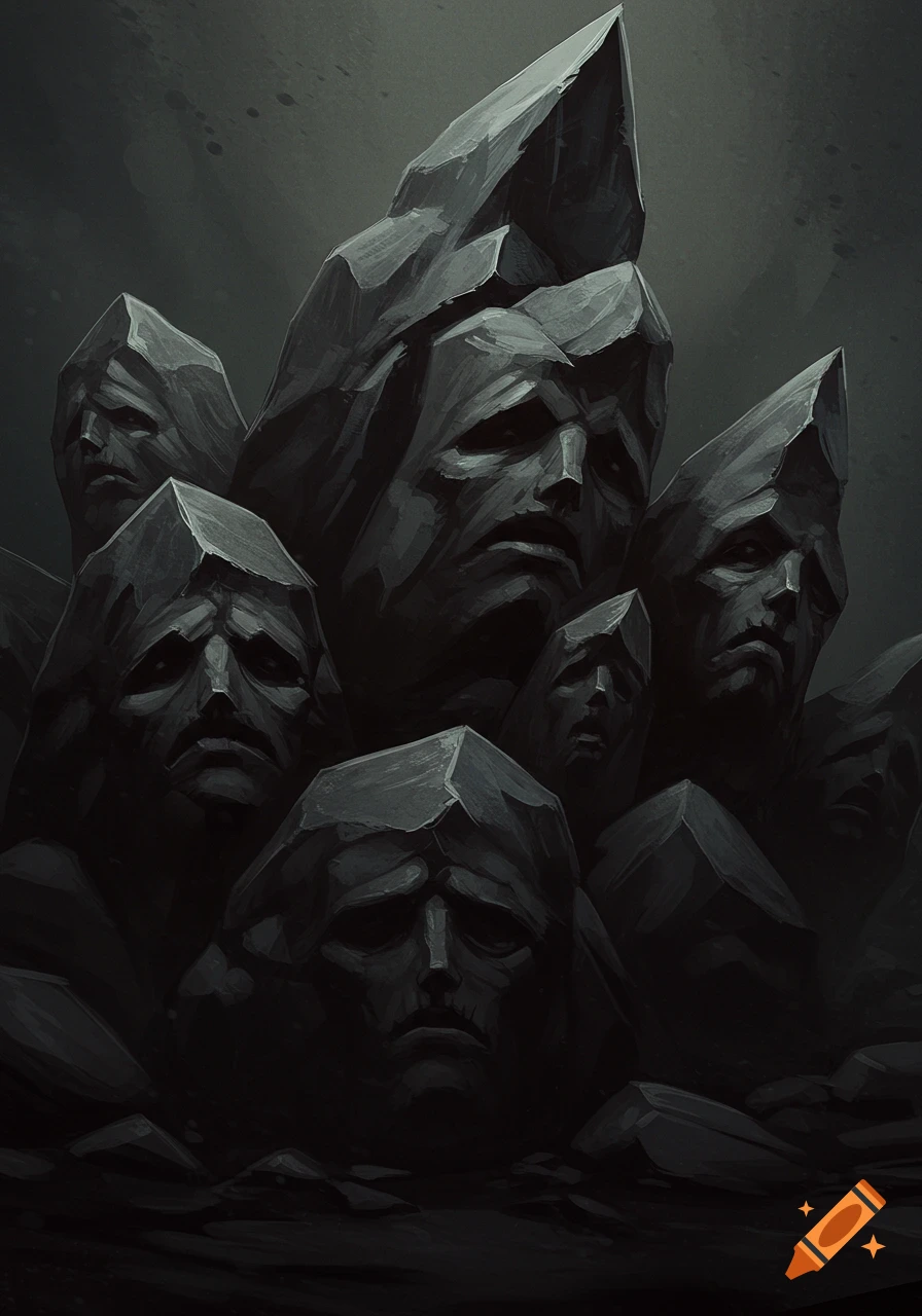 Dark art illustration of rocky formations sculpted into scared faces on ...