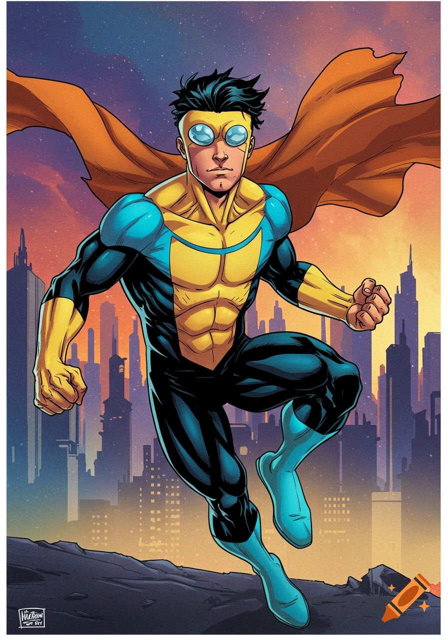 Comic book illustration of the superhero Invincible flying above a city ...