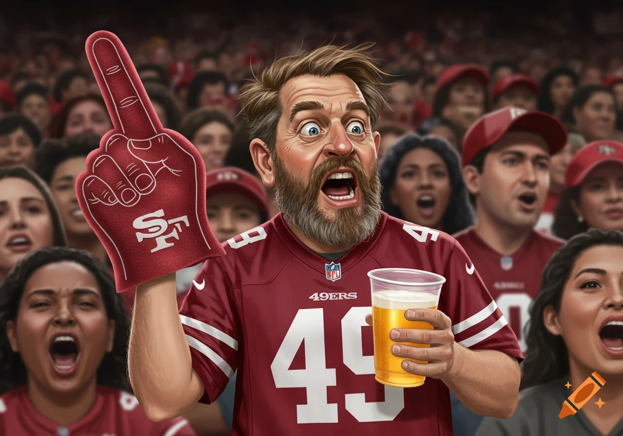 Illustration of an excited San Francisco 49ers football fan holding a ...