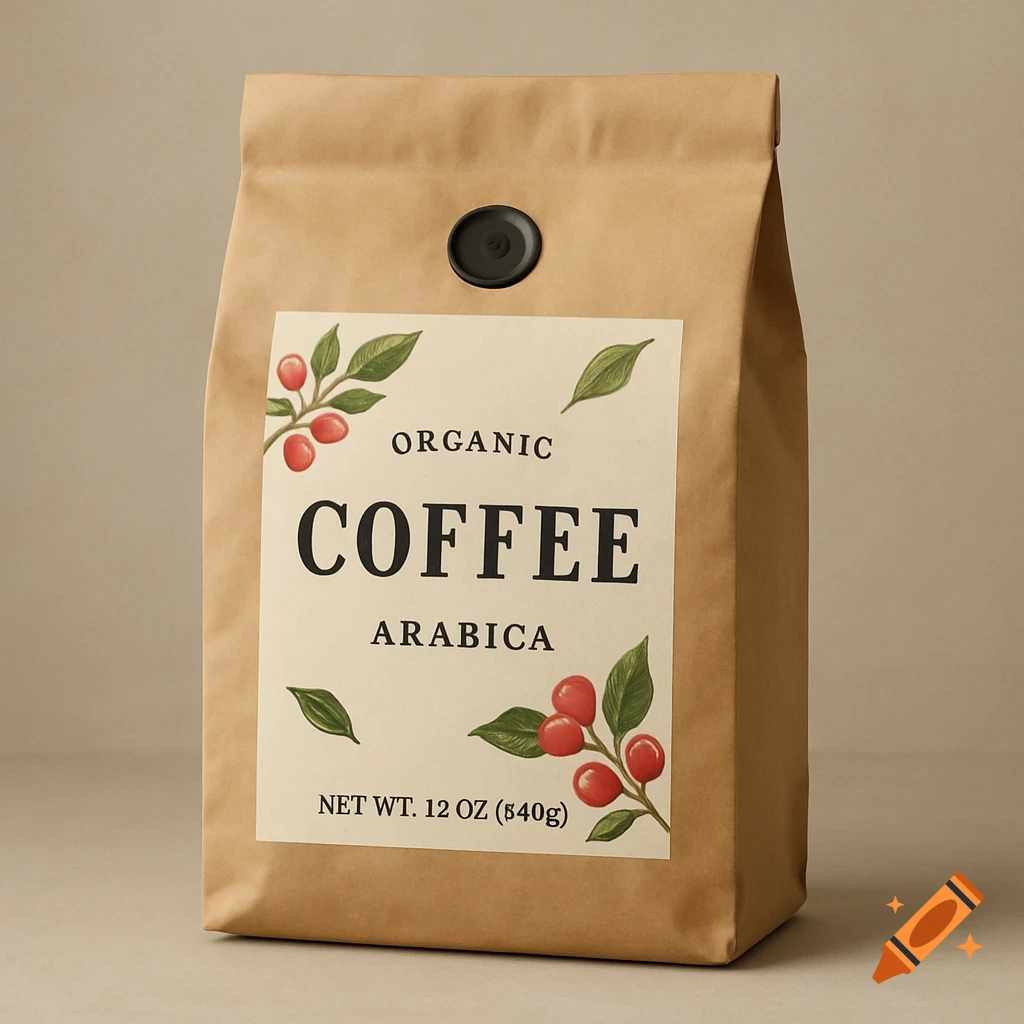 A brown paper coffee bag with an 'Organic Coffee Arabica' label and ...