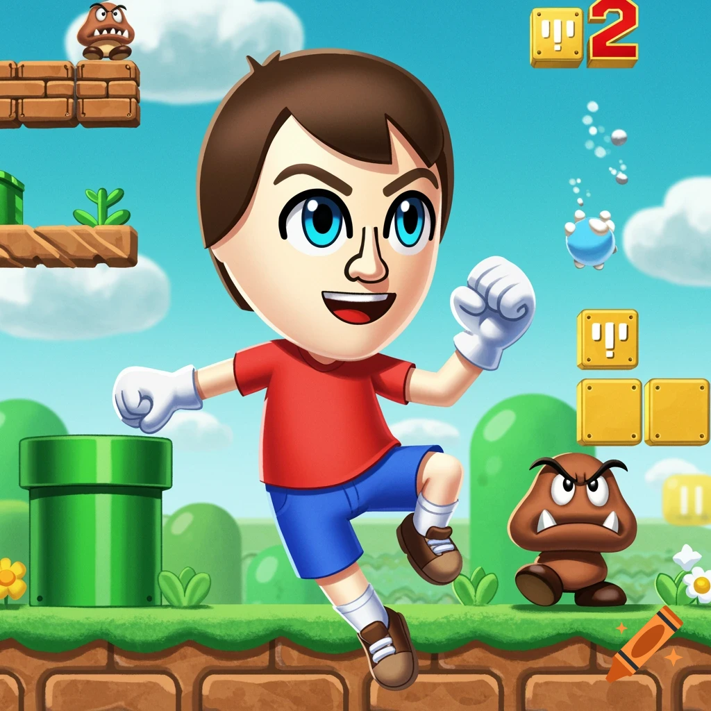Cartoon Mii character running in a Super Mario style video game level ...