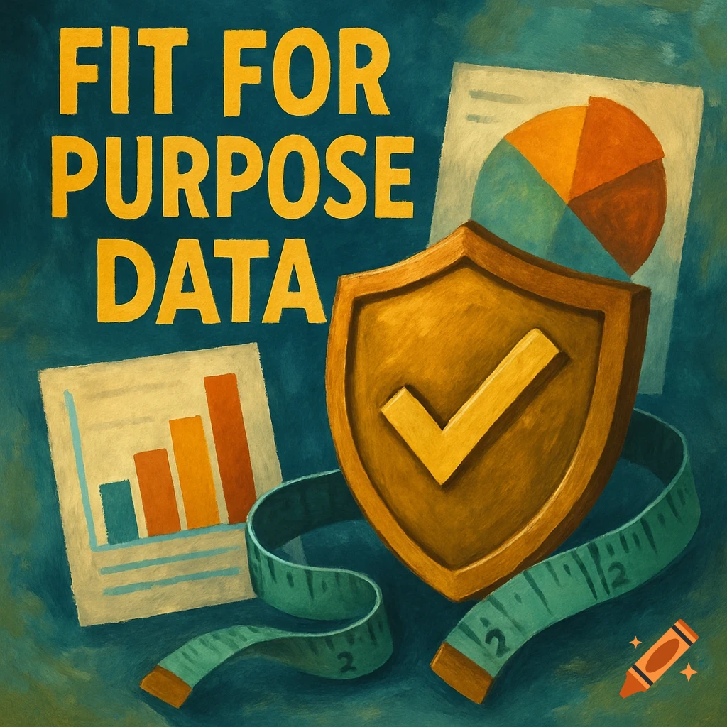 Illustration with text 'FIT FOR PURPOSE DATA', charts, shield, and ...