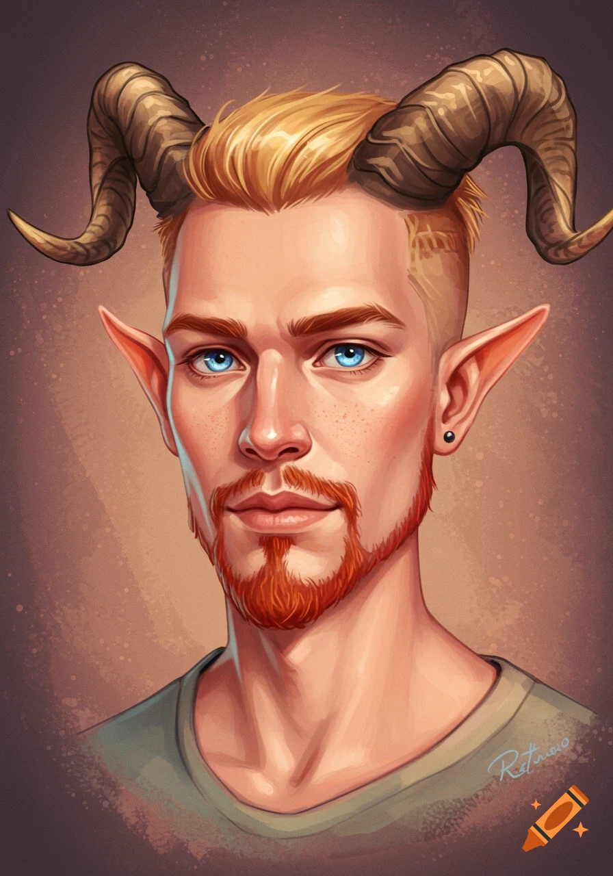 Digital painting portrait of a young man with goat horns and elf ears ...
