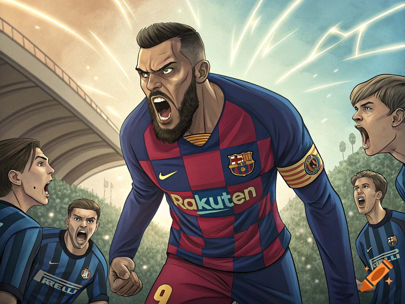 Cartoon illustration of an aggressive Barcelona football player ...