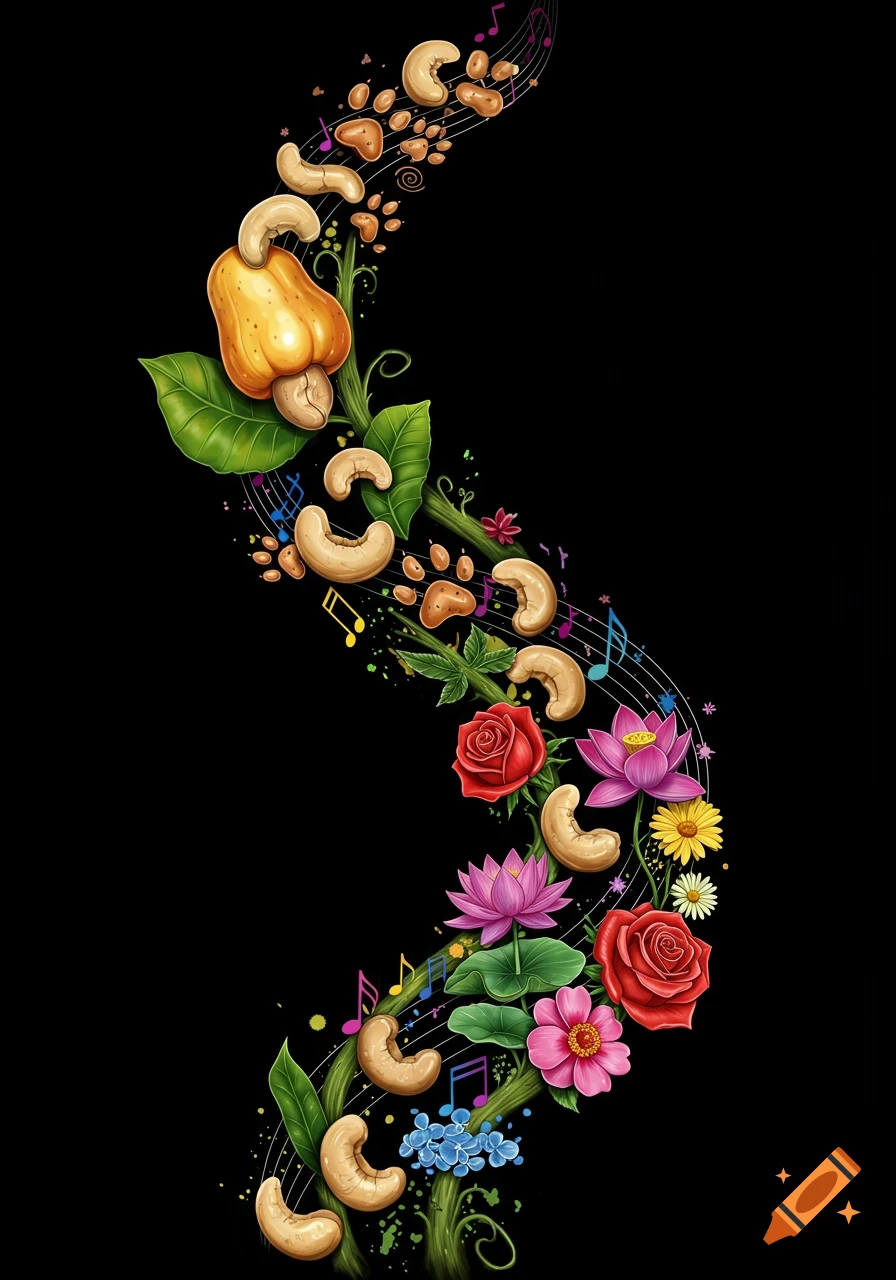 A swirling vine with cashews, paw prints, music notes, and colorful ...