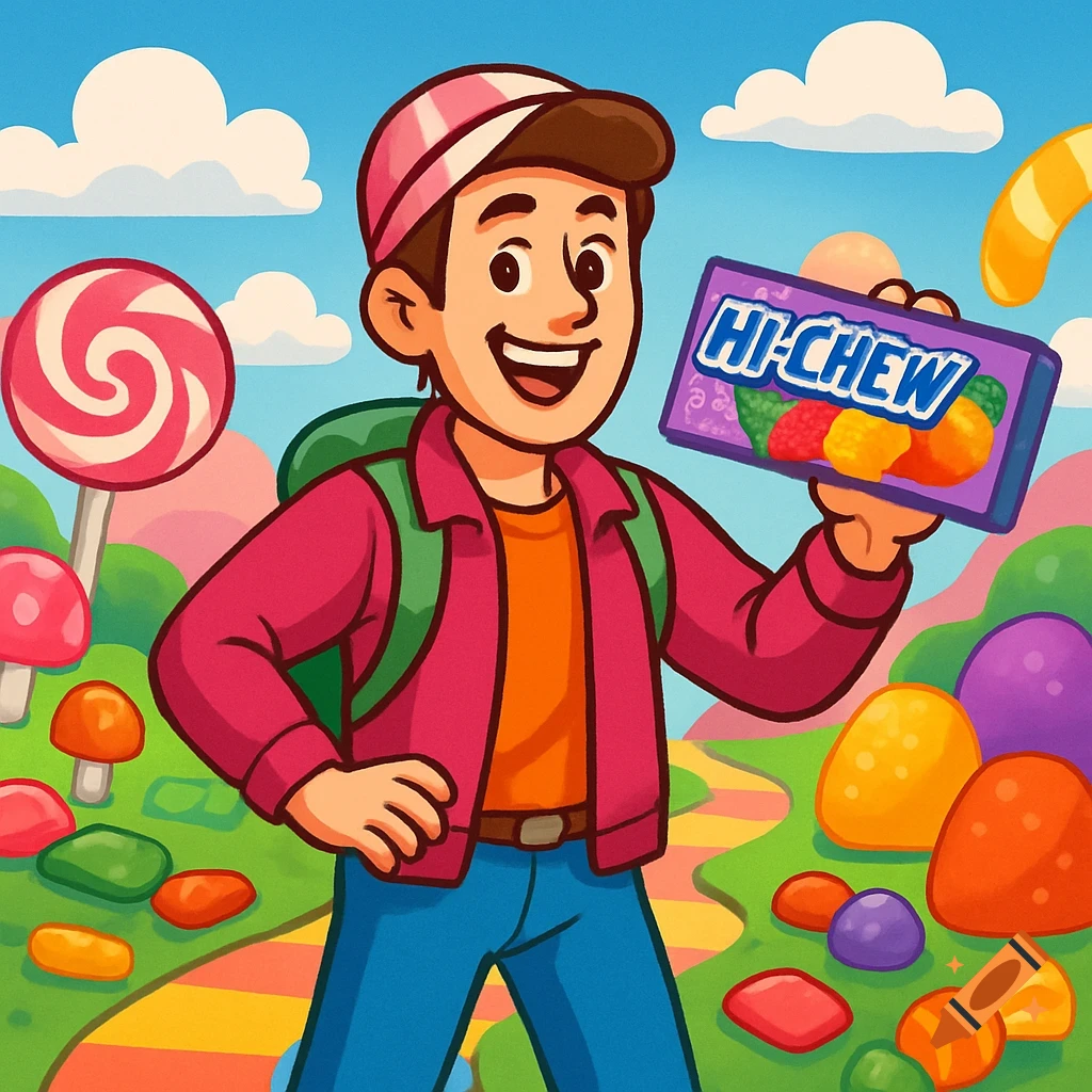 Cartoon character holding a box of HI-CHEW candy in a colorful candy ...