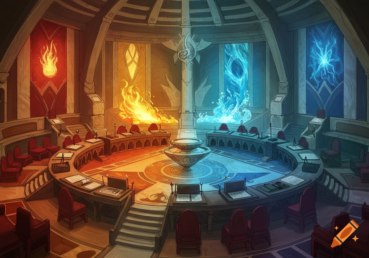 A fantasy council chamber divided into fire and water elemental ...