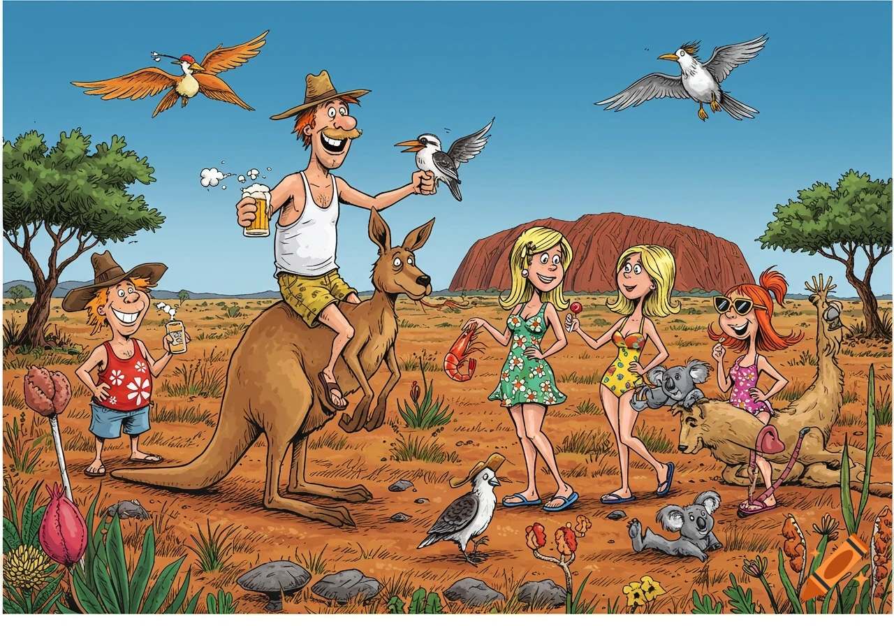 Cartoon of Australians, kangaroo, koalas, birds in outback in Dr. Seuss ...