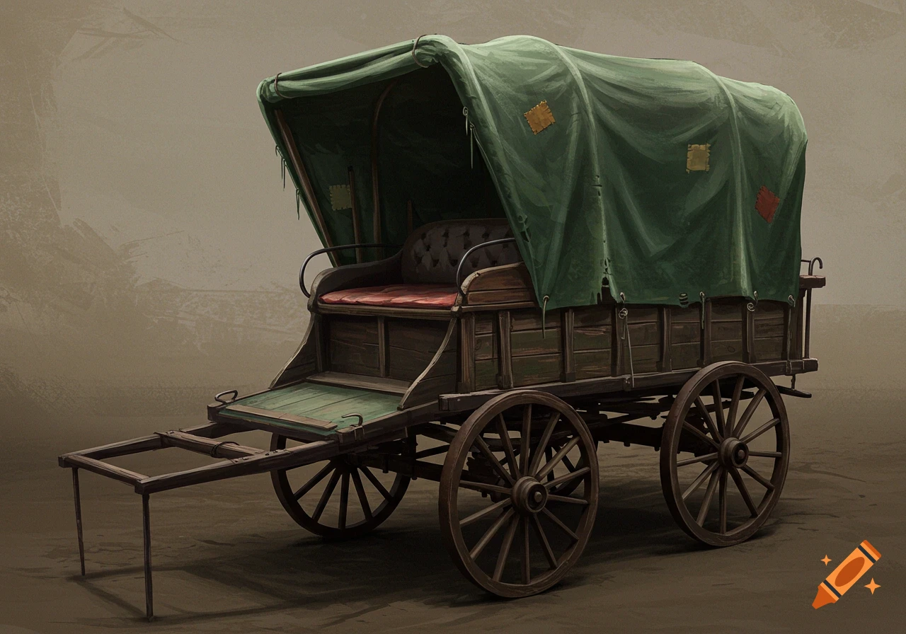 A rustic wooden covered cart with patches. on Craiyon