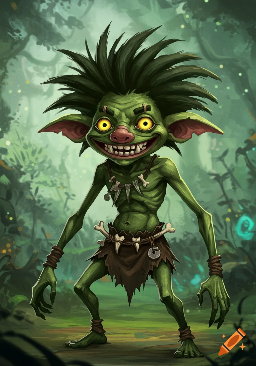 A skinny green goblin creature with big eyes and teeth stands in a ...