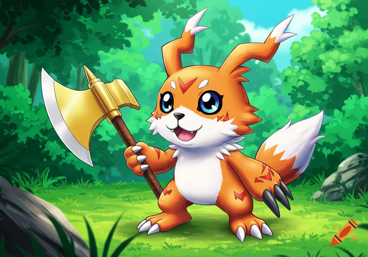 An orange Digimon-like creature with blue eyes holds a golden axe in a ...