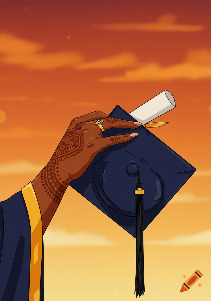 A hand with henna holds a graduation cap and diploma against a sunset ...