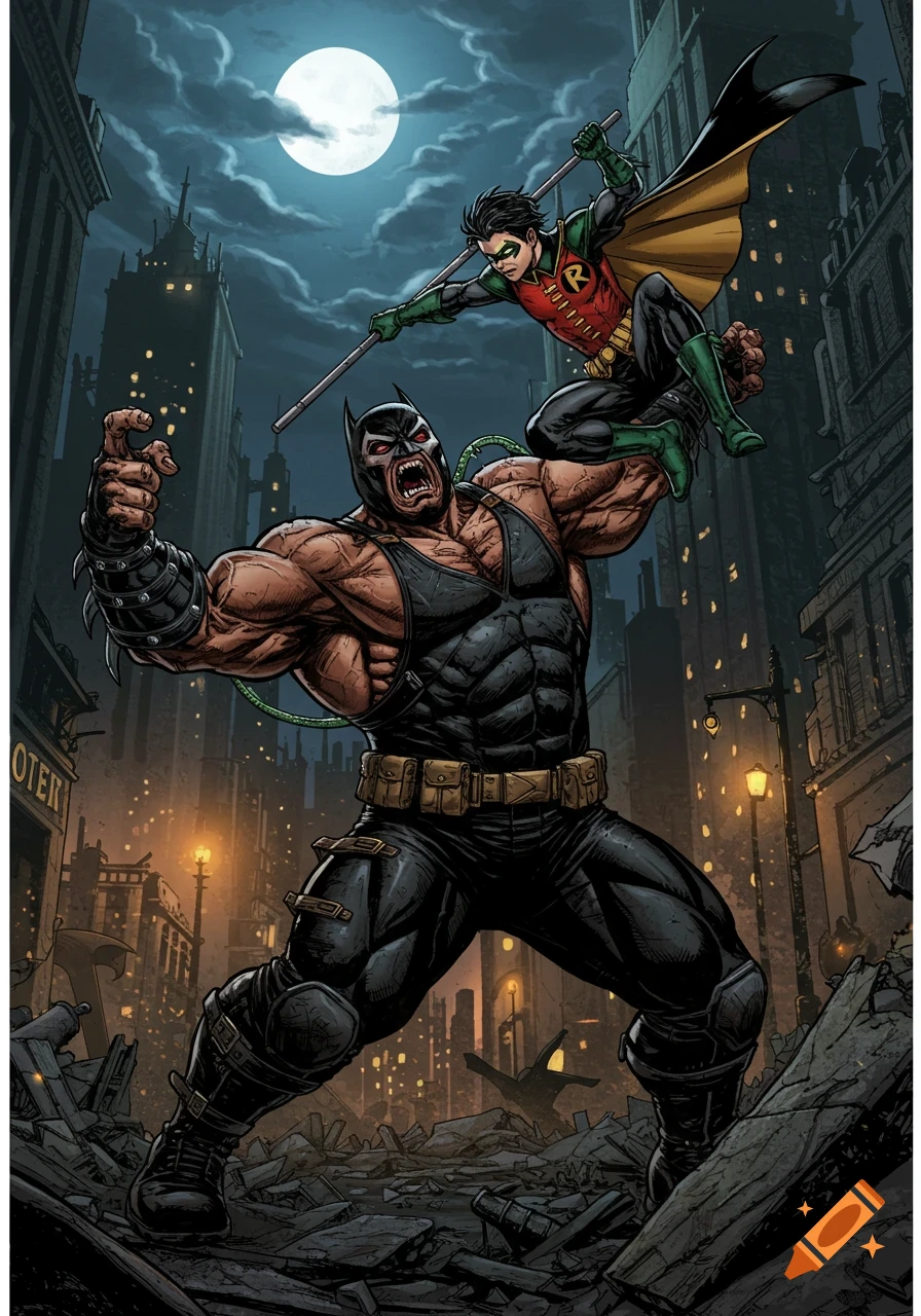 Bane battles Robin in a chaotic nighttime city street, drawn in a comic ...