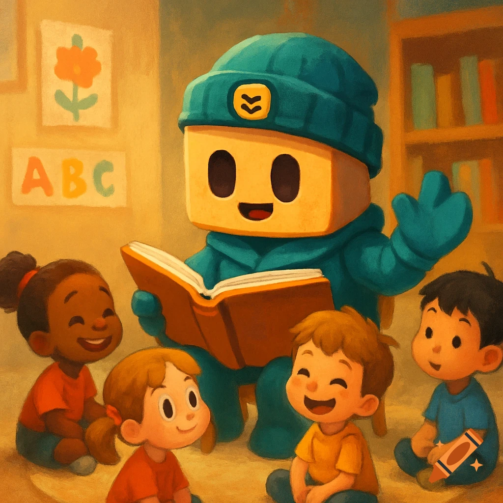 A character reads a book to young children in a room with ABCs on the ...