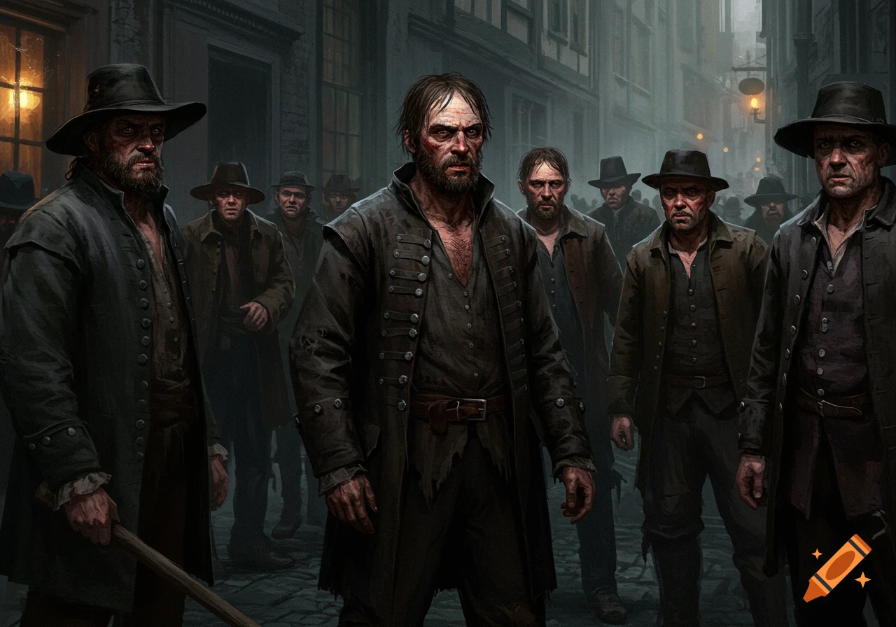 A group of gritty historical ruffians stand in a dark alleyway. on Craiyon