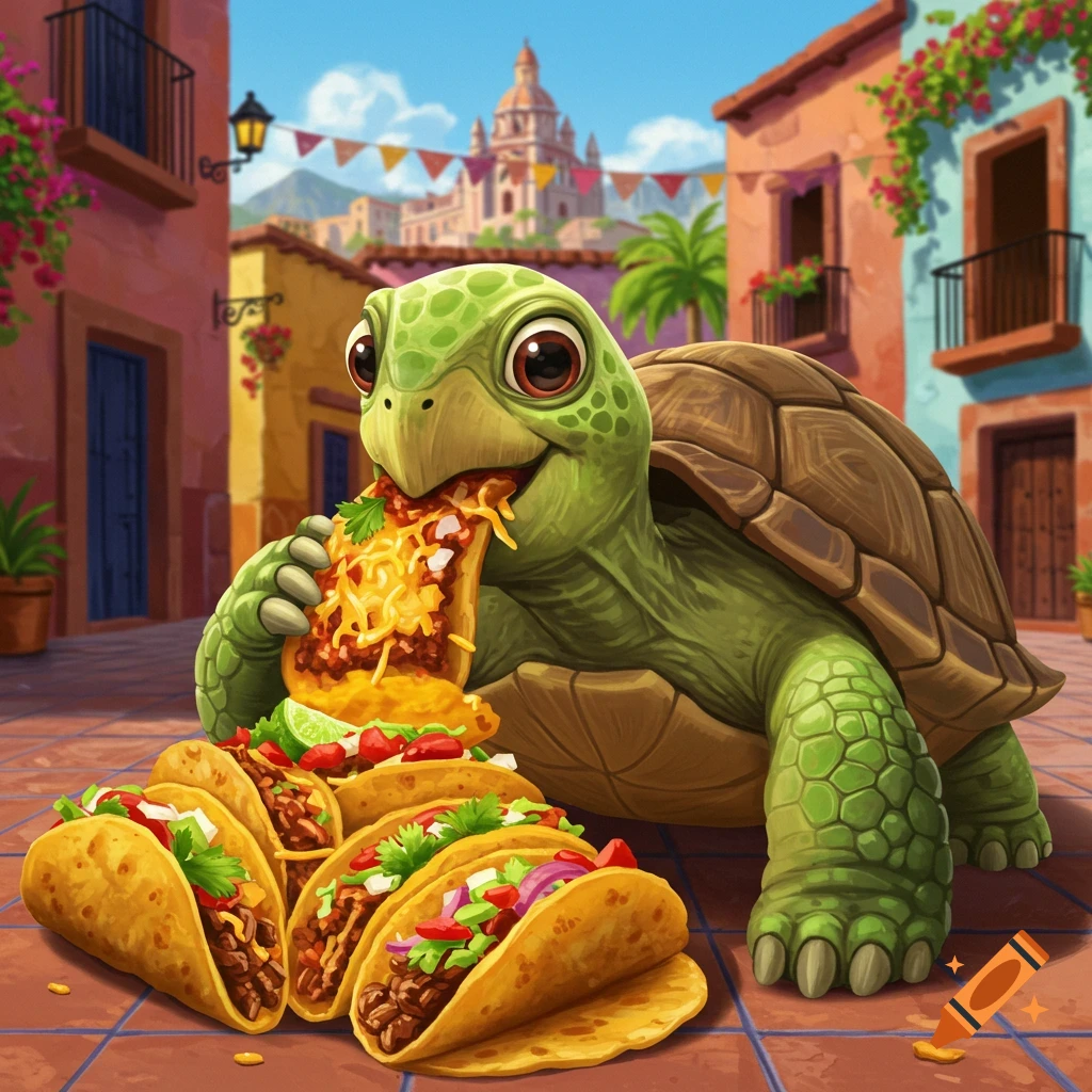 Cartoon turtle happily eating a taco in a Mexican street scene with ...