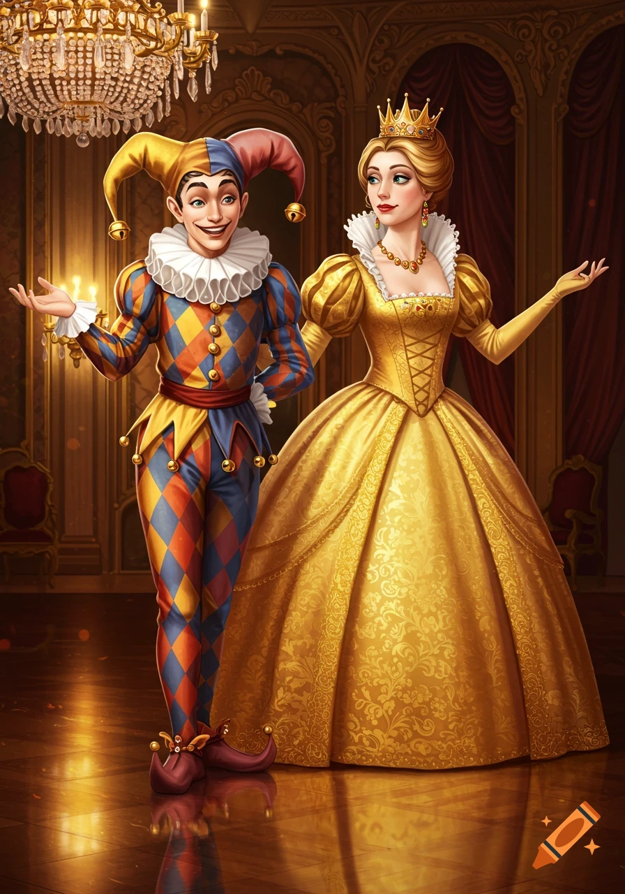 An illustration of a jester standing with a queen in a lavish room. on ...
