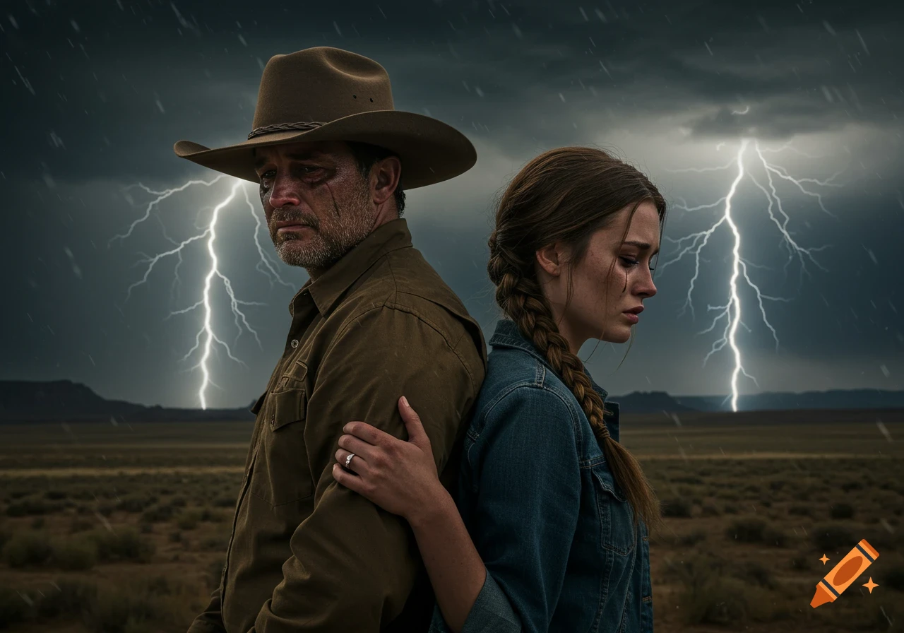 Sad cowboy and cowgirl back to back during a lightning storm on Craiyon