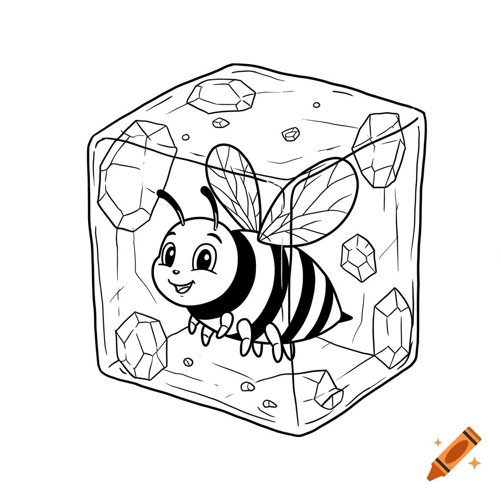 Black and white line drawing of a cartoon bee trapped inside an ice ...