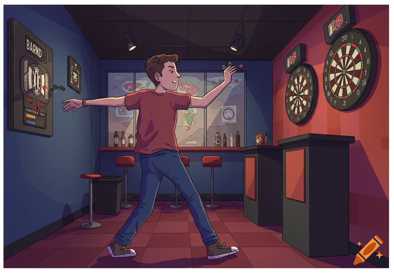 A cartoon-style drawing of a person throwing a dart at a dartboard in a ...