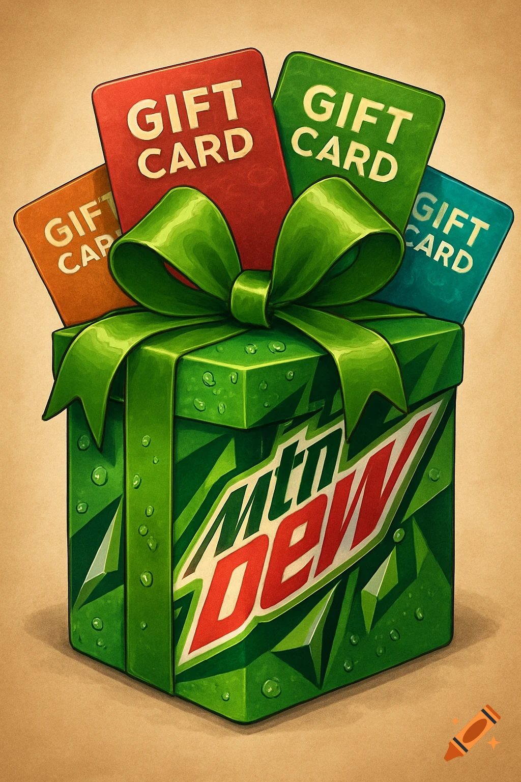 Mountain Dew gift box with a green ribbon and multiple gift cards. on ...