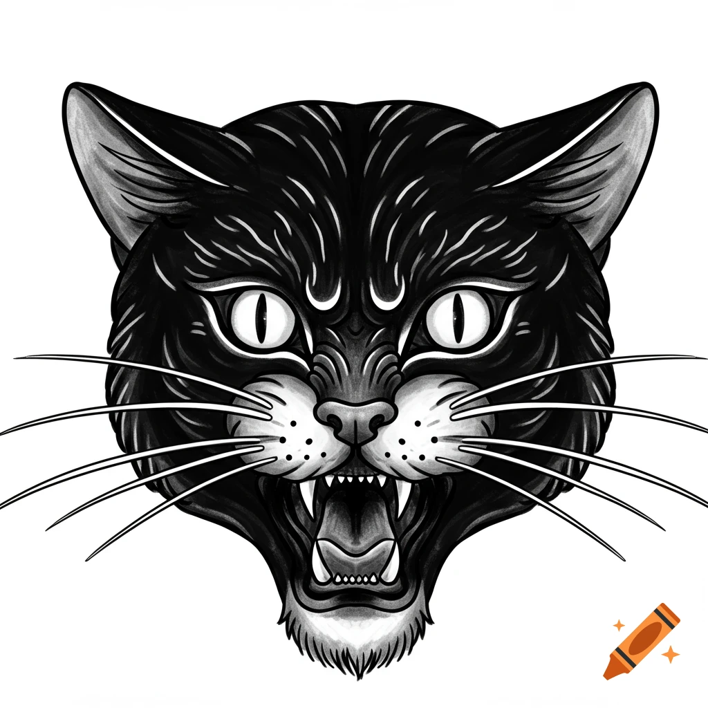 A black and white illustration of a snarling cat head in a traditional ...