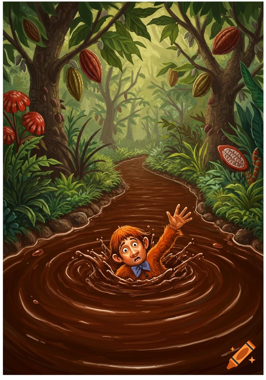 Cartoon Oompa Loompa falling in a chocolate river in a jungle on Craiyon