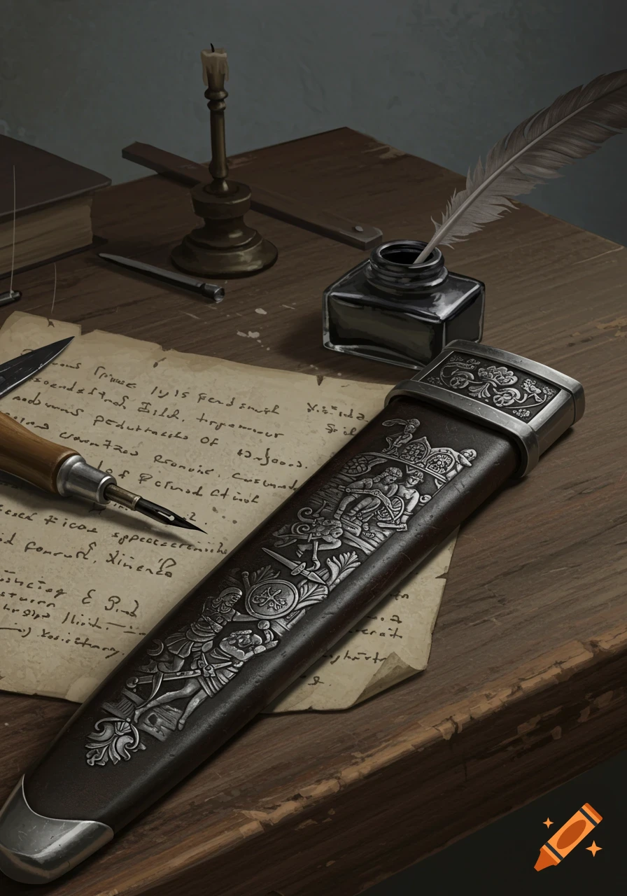 A detailed still life of a decorated sword scabbard, ink well with a ...