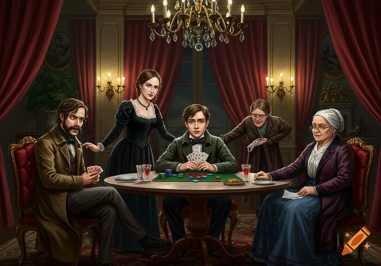 Group of people in historical clothing playing cards at a table in an ...