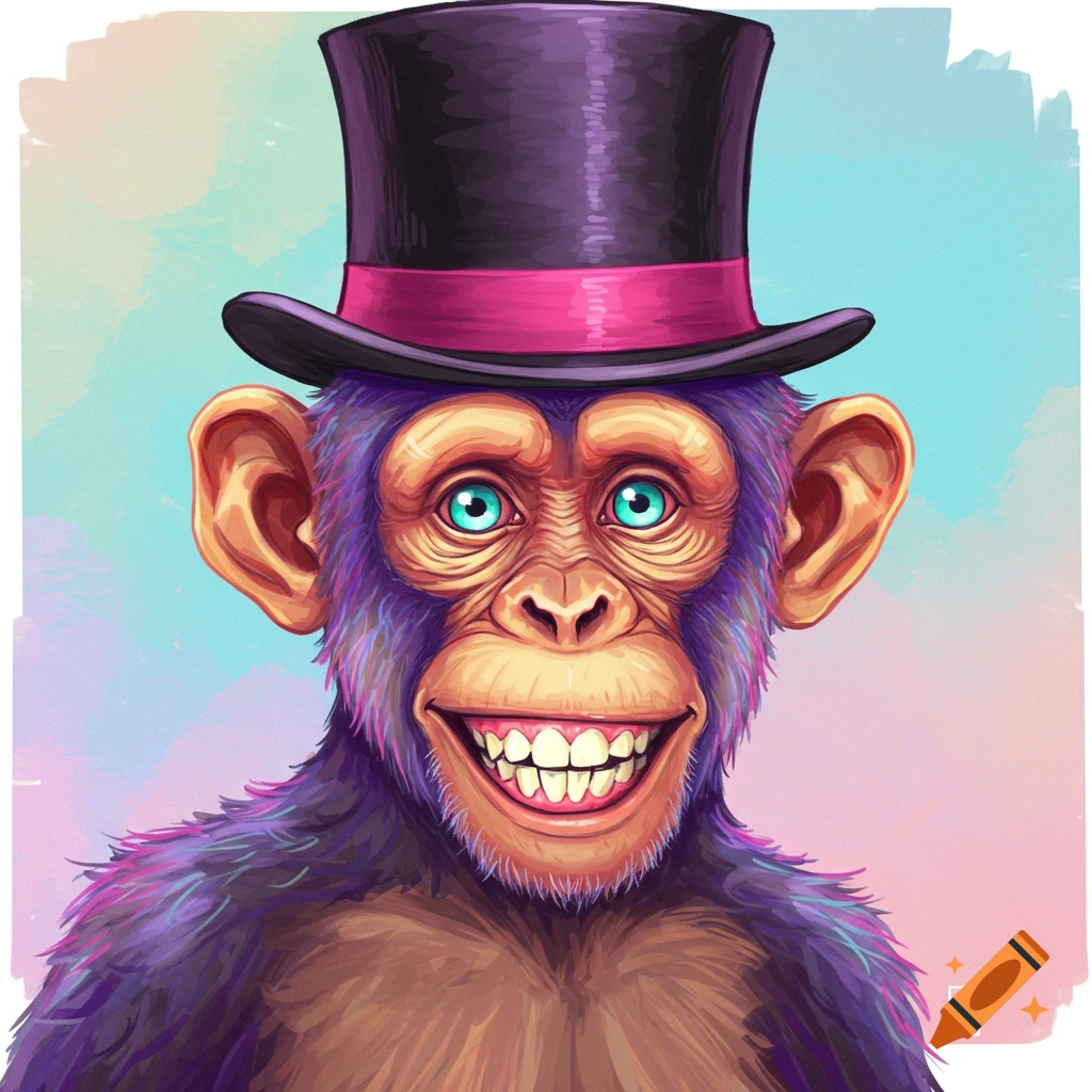 Stylized illustration of a chimpanzee wearing a purple top hat. on Craiyon