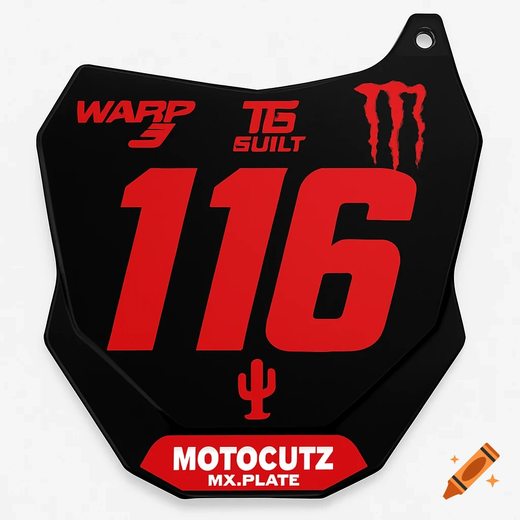 A black motocross number plate with red number 116, logos (Warp9, TG ...